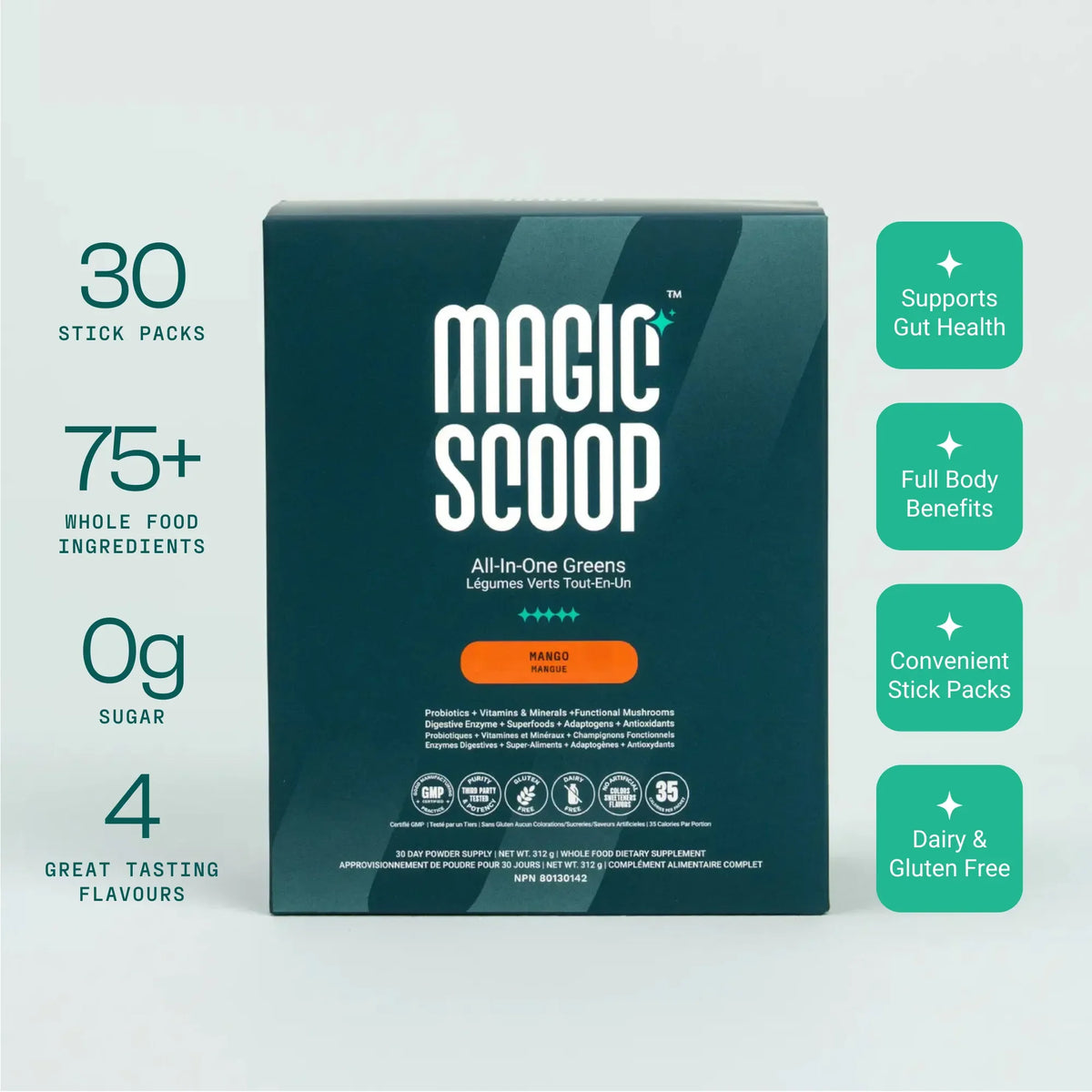 Magic Scoop Mango All-In-One Greens Superfood Blend 30 Sticks (30 Day ...